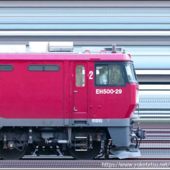 EH500-29[仙貨]（公式側）＋コキ100系 – 横鉄 -長編成サイドビュー-